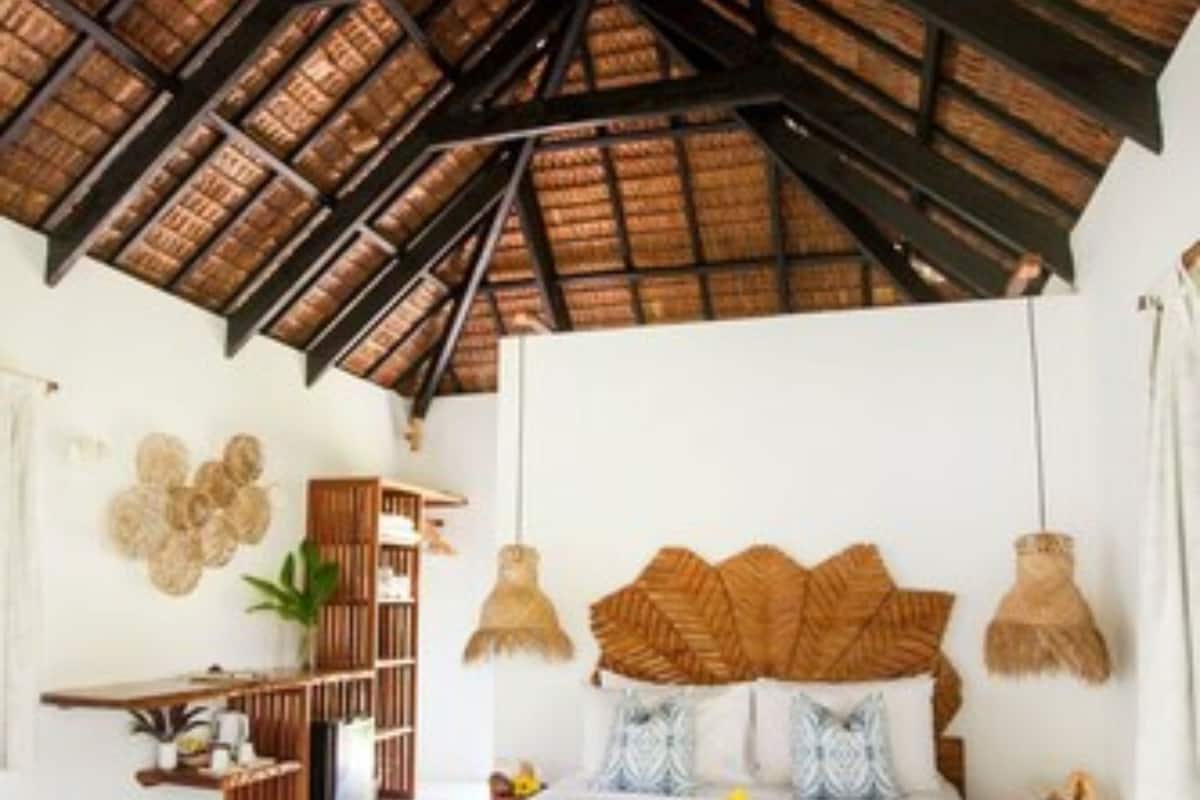 Quarto com uma cama grande, estante de madeira, planta pendente e ventoinha no teto.