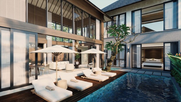 Uma área moderna de piscina ao ar livre com espreguiçadeiras e guarda-sóis, um deck de madeira e uma grande janela com vista para a piscina.