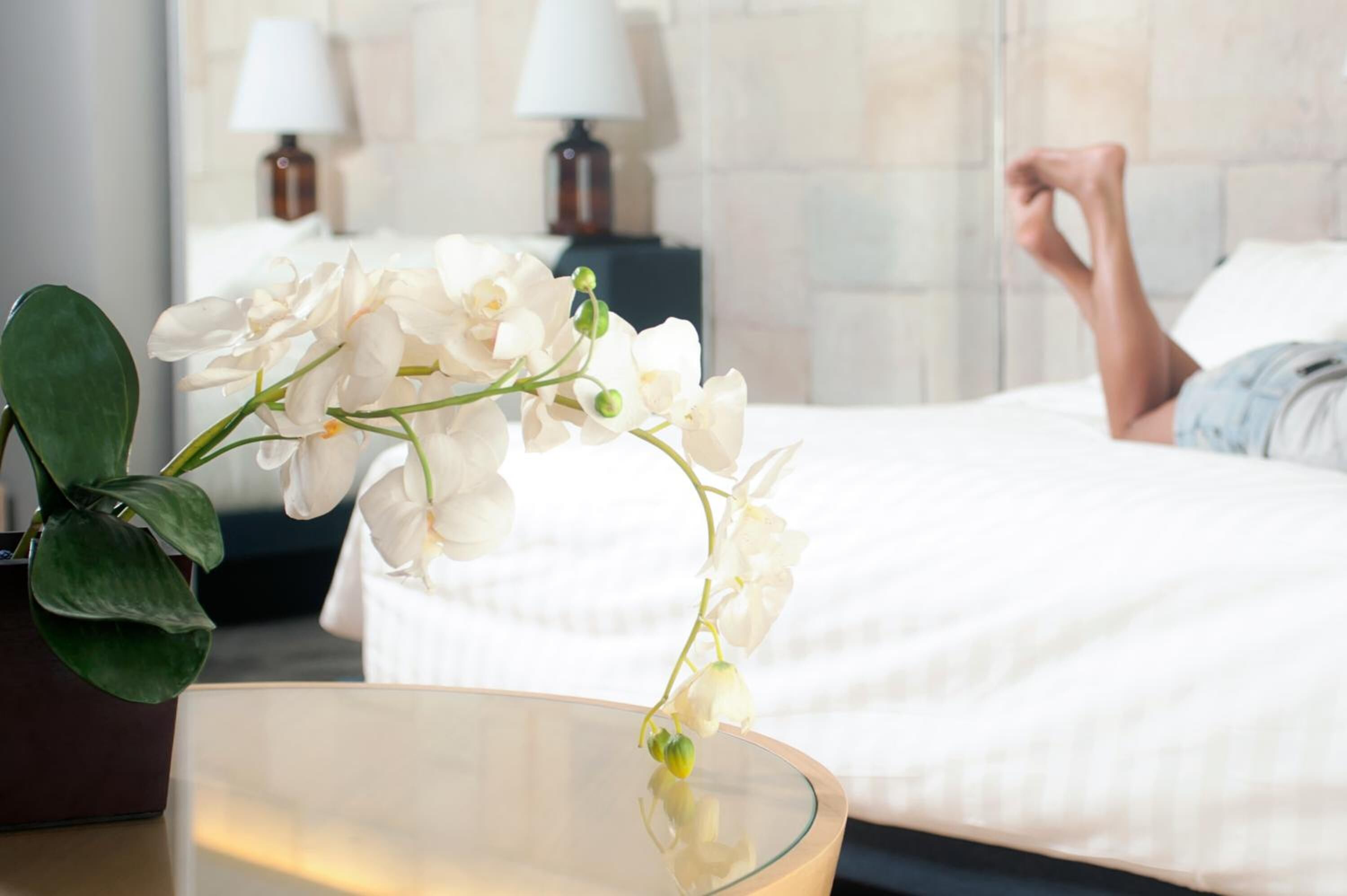 Quarto de hotel com uma cama, mesa de cabeceira com abajur e uma orquídea em vaso.