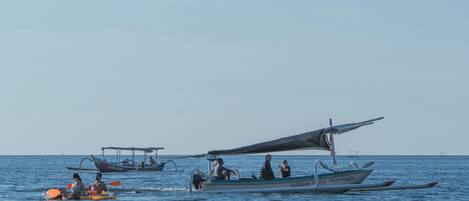 Um grupo de barcos tradicionais em águas calmas.