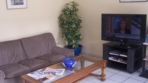 Uma sala de estar com um sofá cinza, uma mesa de centro com revistas, um vaso azul, uma planta em vaso, uma televisão e uma estante de livros.