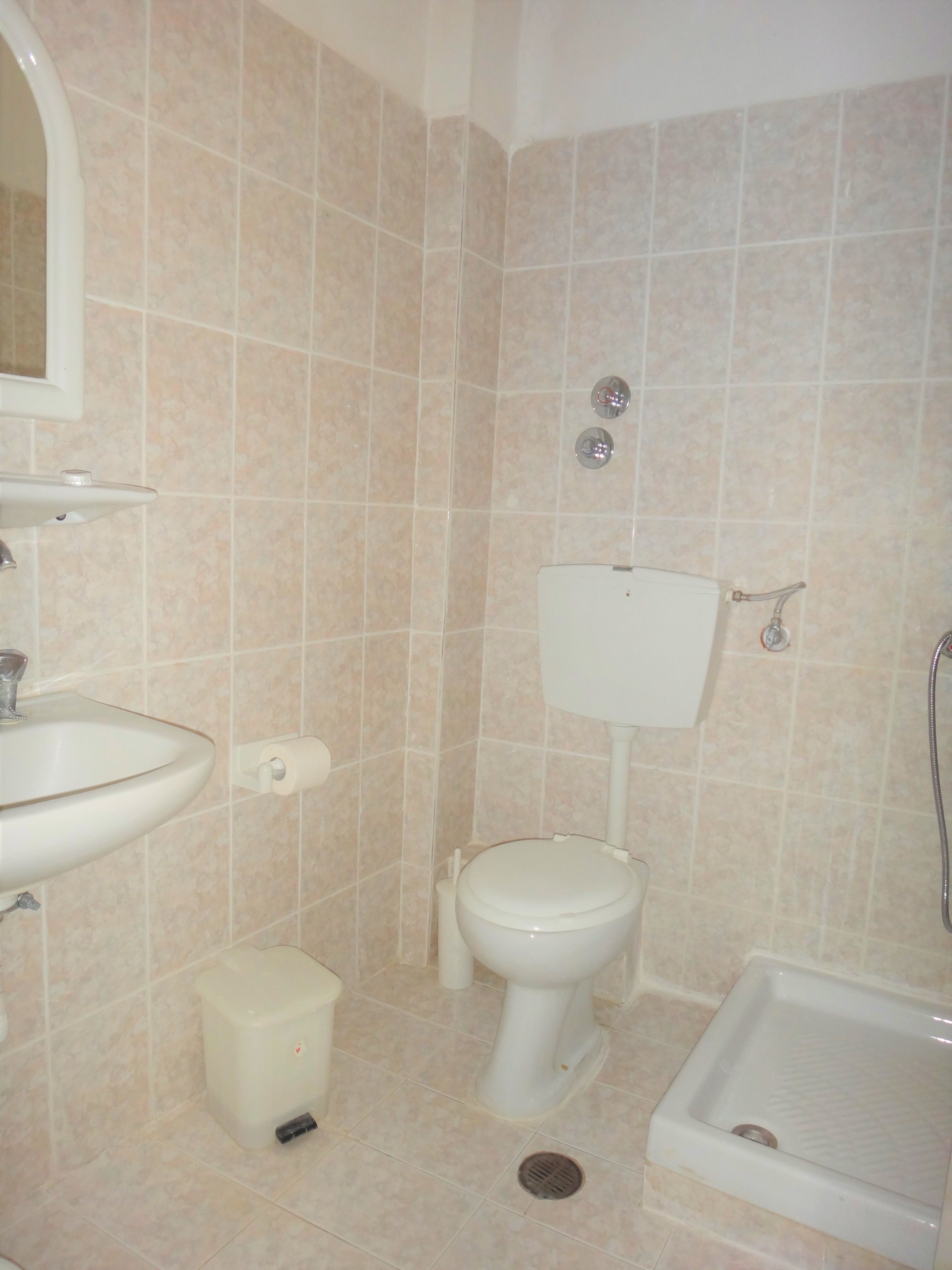 Uma casa de banho com lavatório, sanita e chuveiro.