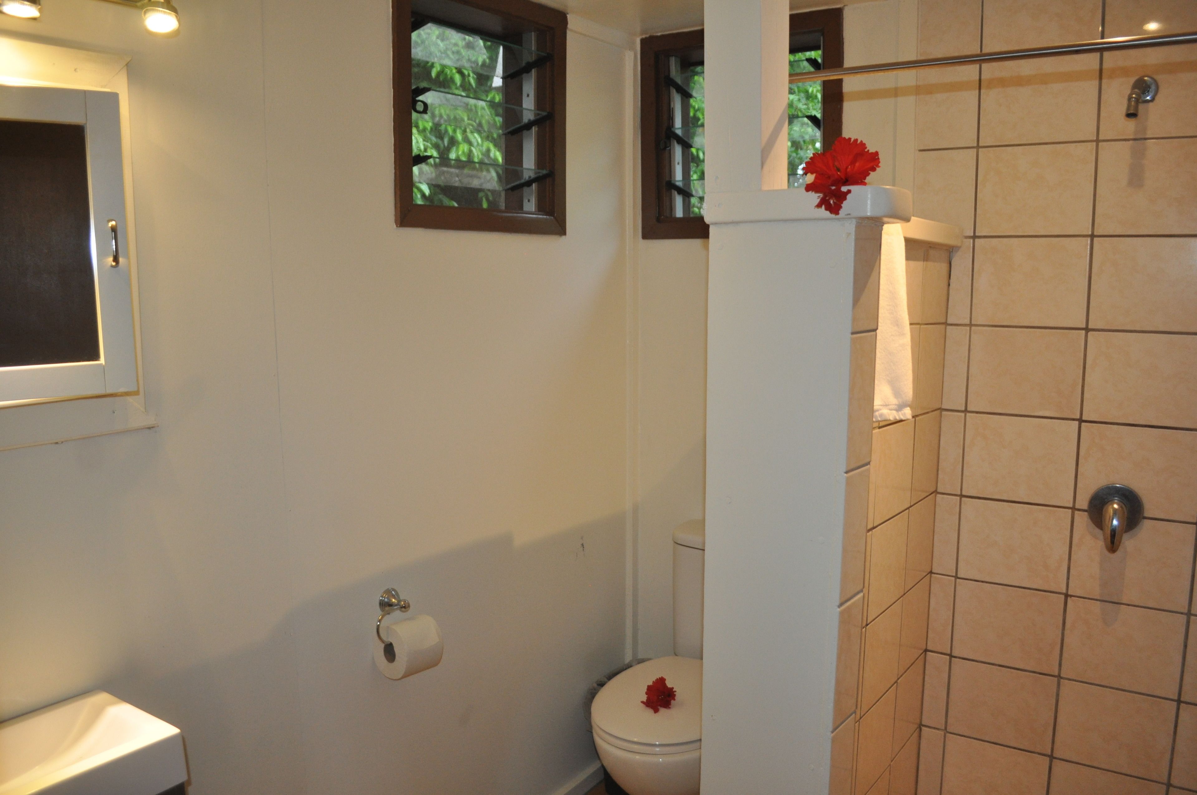 Casa de banho com sanita, lavatório, chuveiro e janela com vista para vegetação.