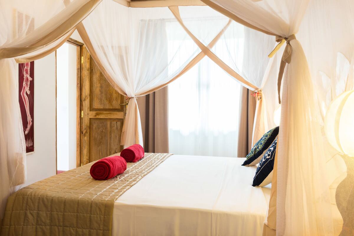 Uma cama com dossel, uma porta de madeira e uma janela com cortinas.