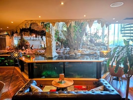 Um interior moderno com um grande aquário, assentos confortáveis e vista para o exterior.
