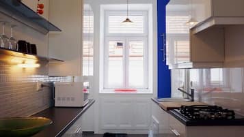 Apartamento conforto, 1 quarto, vista para o parque | Cozinha privada | Geladeira, micro-ondas (mediante solicitação), cooktop