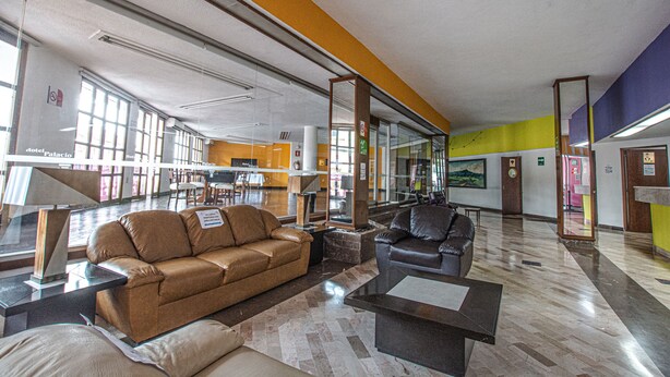 Um hall amplo com sofás de couro, um balcão de recepção e uma grande janela com vista para o interior.