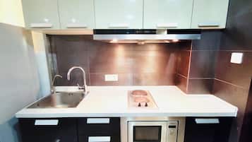 Um frigorífico/congelador grande, um micro-ondas, uma placa de cozinha