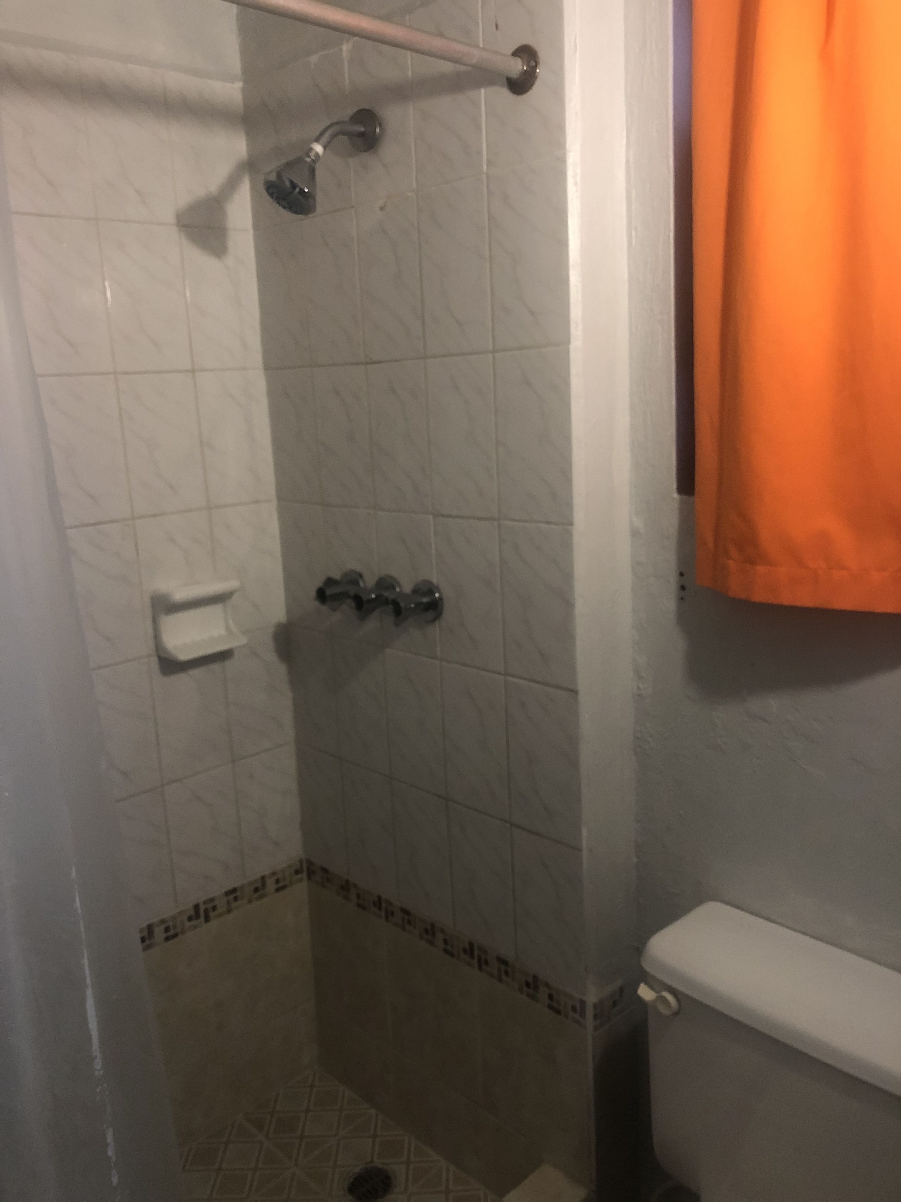 Casa de banho com chuveiro, sanita e porta-toalhas.