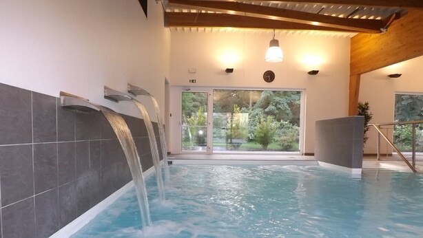 Piscina interna com cascata, vista para o verde lá fora e um relógio na parede.