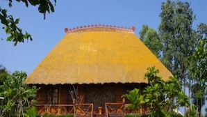 Um edifício com telhado de palha e escadaria que leva à entrada, rodeado por vegetação.