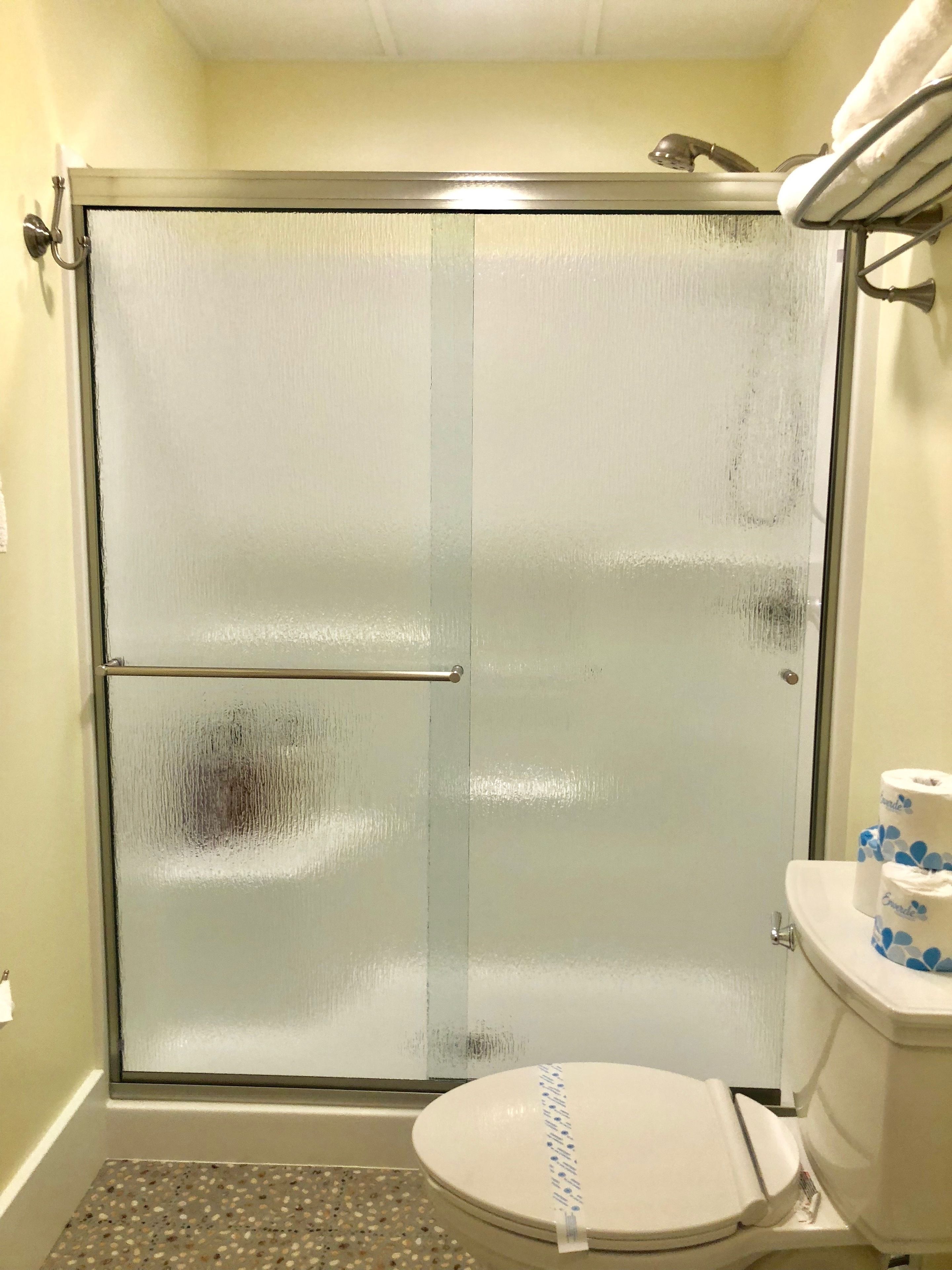 Uma casa de banho com cabine de duche em vidro, sanita com papel higiénico e chuveiro.