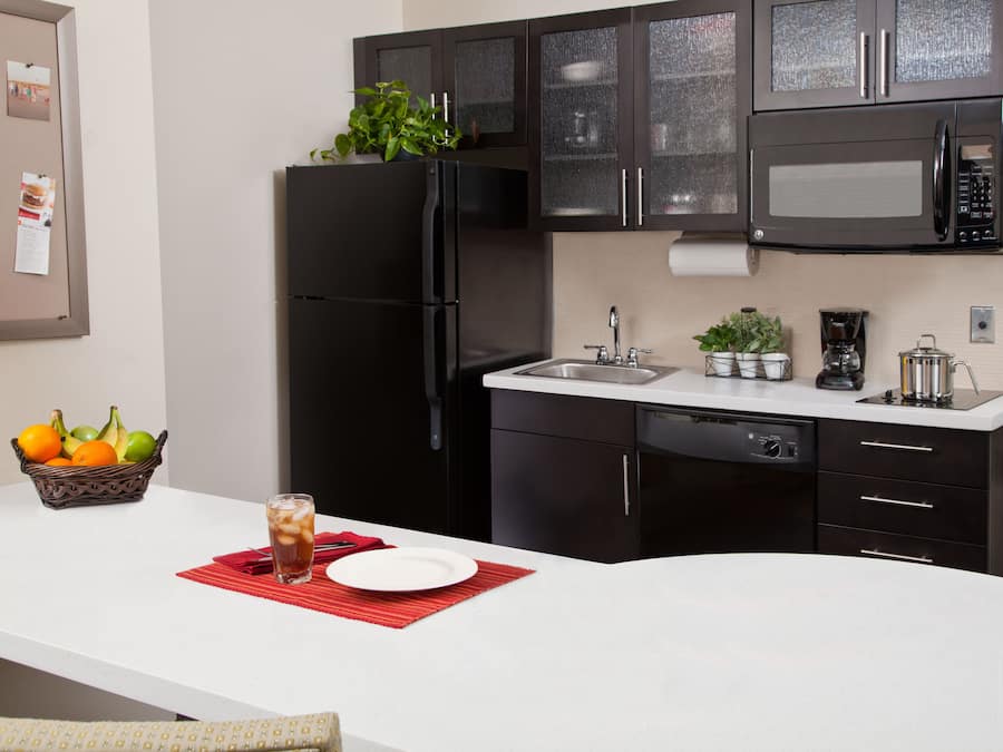 Um frigorífico/congelador grande, um micro-ondas, uma placa de cozinha