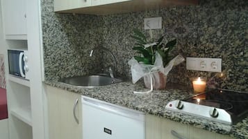 Apartamento, 1 quarto | Cozinha privada | Um frigorífico/congelador grande, um micro-ondas, uma placa de cozinha