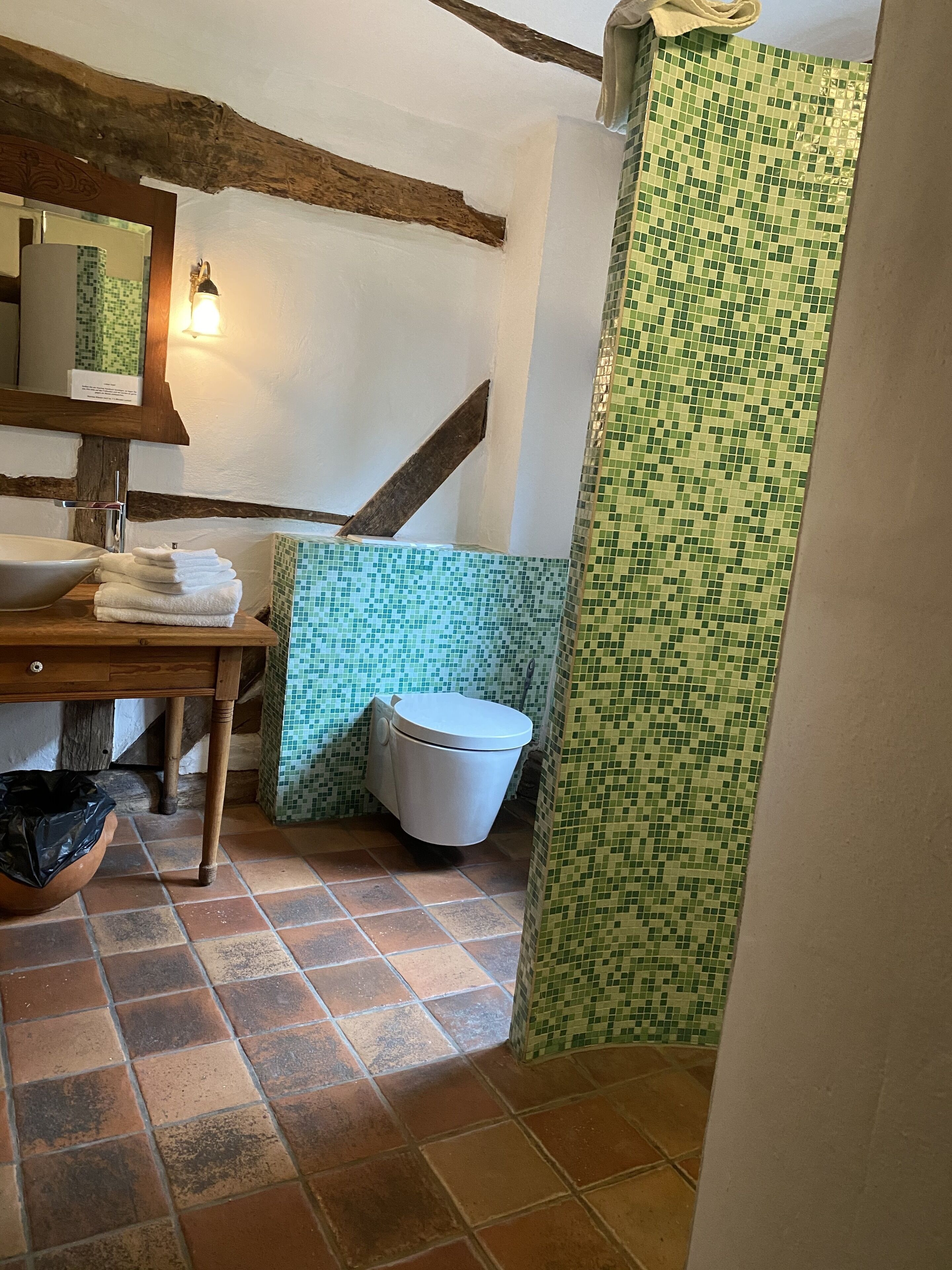 Casa de banho com toucador de madeira, lavatório branco, sanita e parede em mosaico verde.