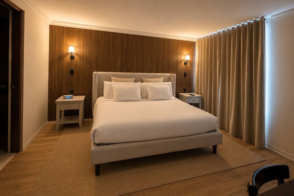 Quarto de hotel moderno com uma cama grande, duas mesas de cabeceira, um criado-mudo, uma luminária na parede e uma janela com cortinas.