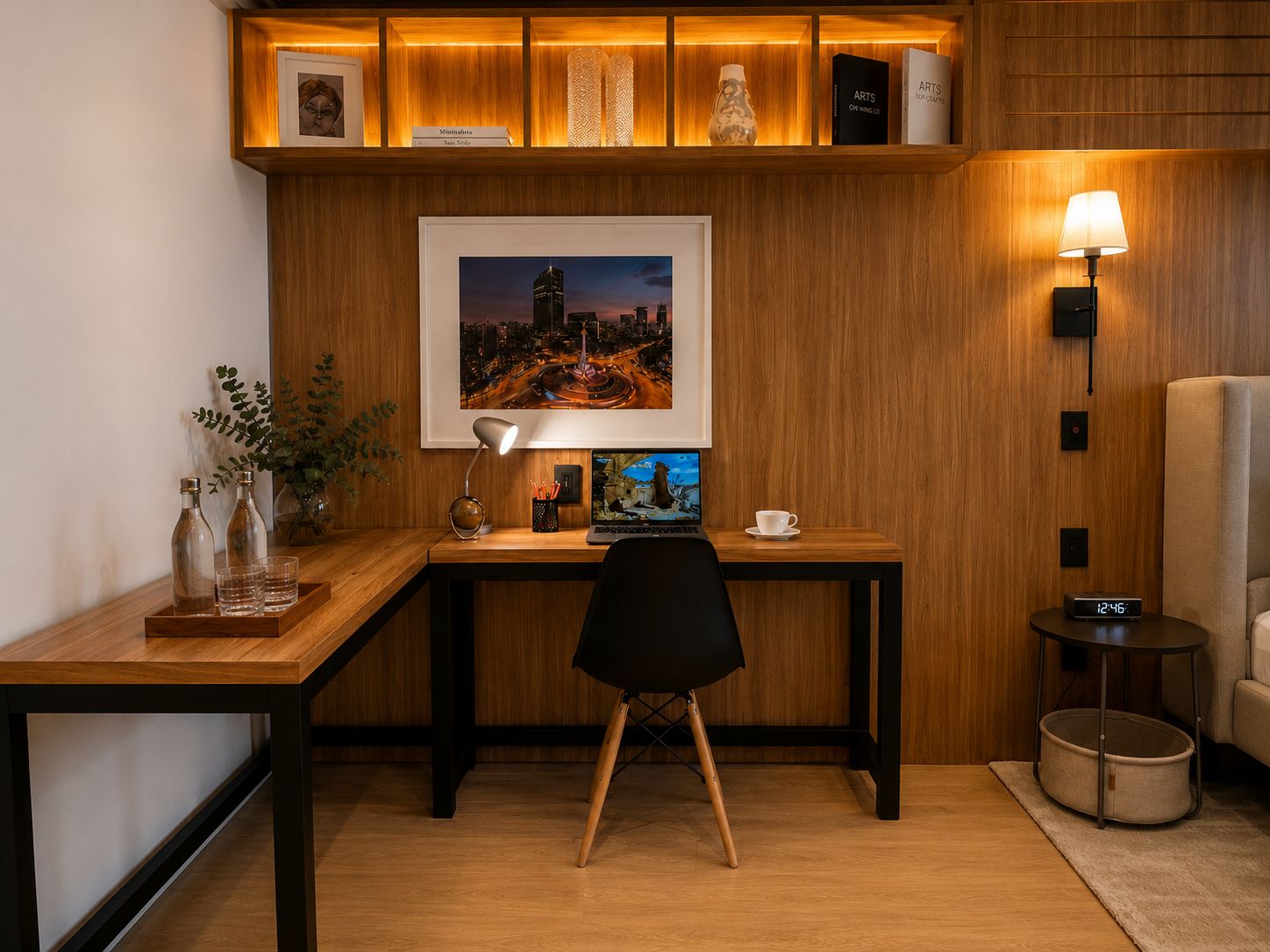 Um espaço de escritório moderno com escrivaninha, cadeira, computador e estante com livros e objetos decorativos.