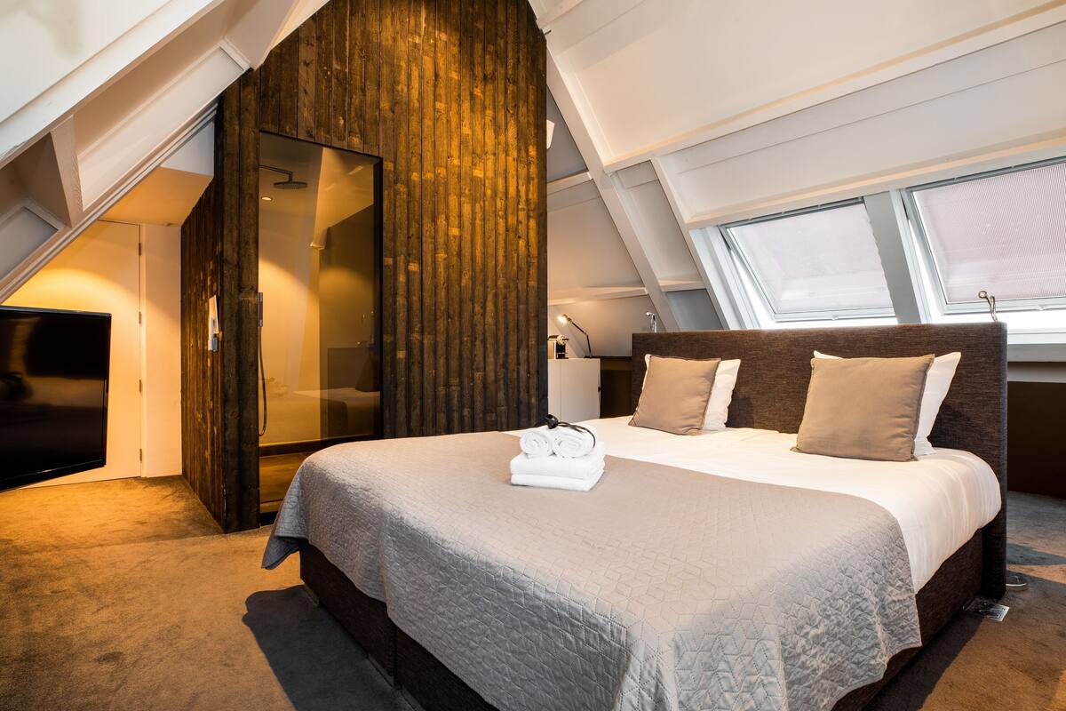 Quarto moderno com uma cama grande, painéis de madeira, um claraboia e uma TV de tela plana.