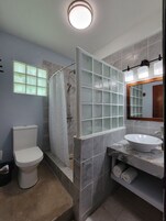 Suíte família | Banheiro | Chuveiro, toalhas de banho, sabonete, shampoo