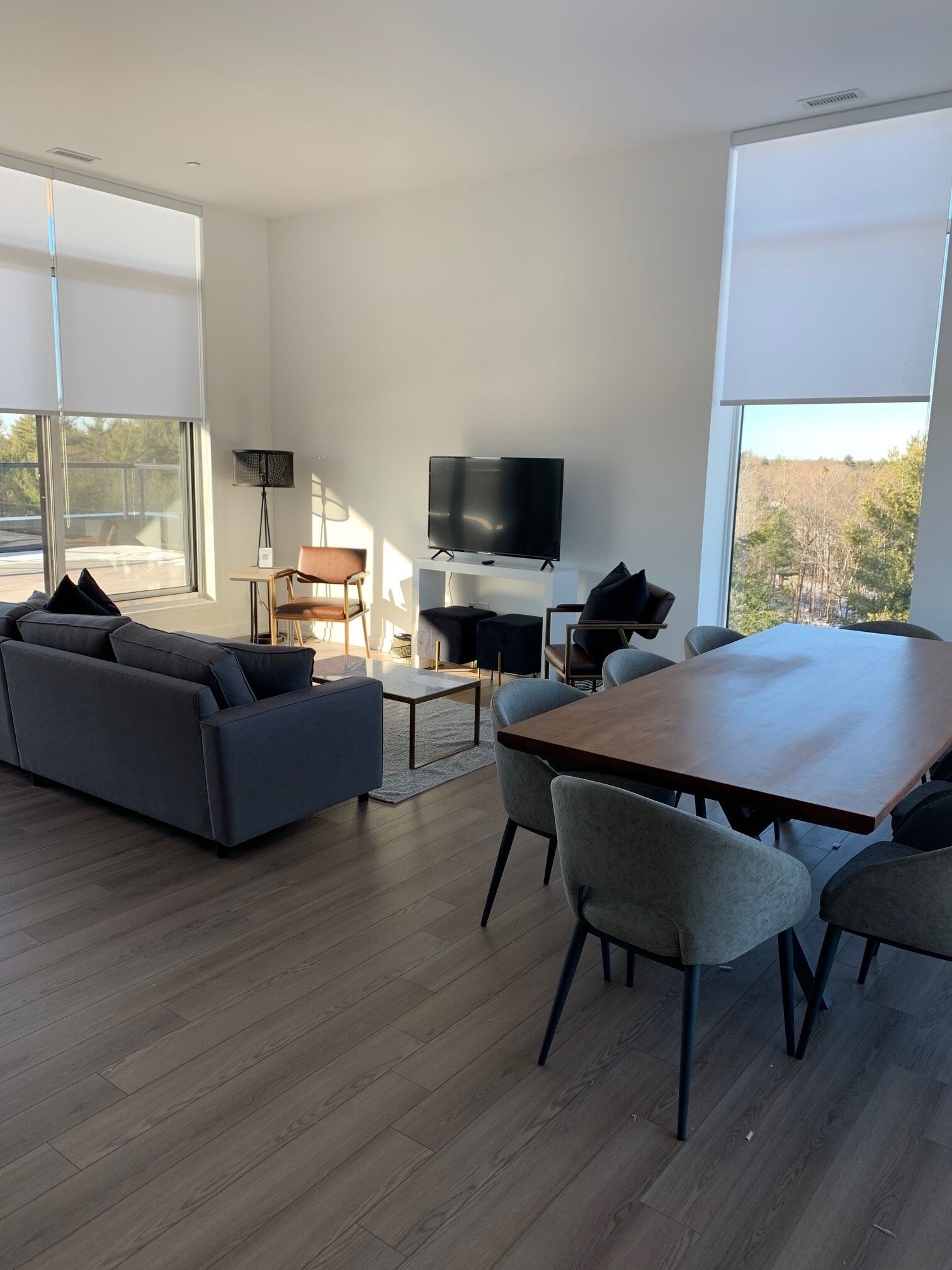 Uma sala de estar moderna com sofá, mesa de jantar, cadeiras, TV e janelas amplas com vista para árvores.