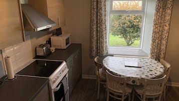 Um frigorífico/congelador grande, um micro-ondas, uma placa de cozinha