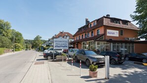 Um hotel chamado Seehotel Pegasus, com uma placa, carros estacionados e um edifício com telhado em tijolos.