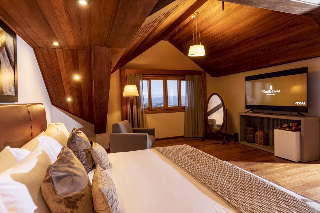Um quarto aconchegante com uma cama grande, uma televisão e vista para o exterior.