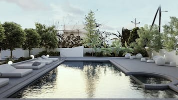Piscina exterior sazonal, guarda-sóis, espreguiçadeiras