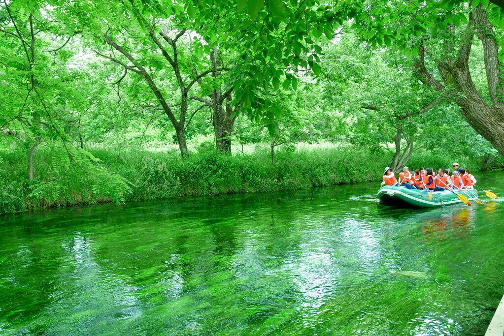 Um grupo de pessoas em um bote inflável verde em um rio, cercado por vegetação exuberante.