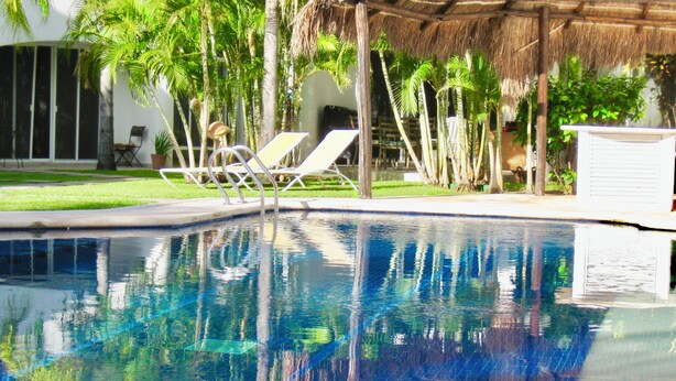 Piscina com água cristalina refletindo palmeiras e uma construção com telhado de palha.