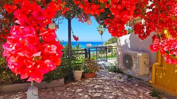 Um caminho de pedra leva a uma área de piscina, com flores vermelhas e vista para o mar.