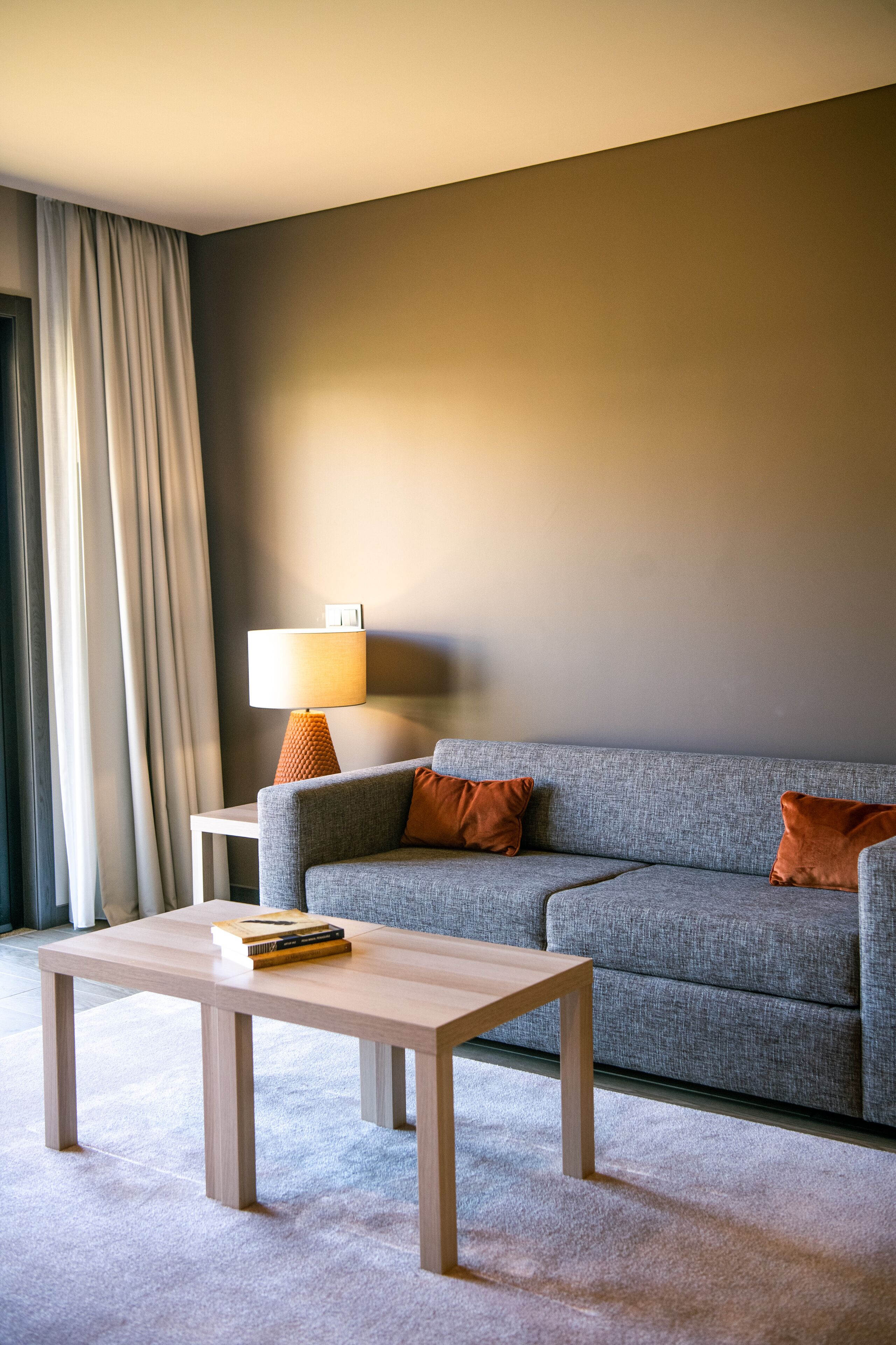 Uma sala de estar moderna com um sofá cinzento, uma mesa de centro de madeira e um abajur.