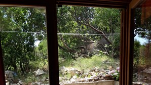 Um pátio externo com mesa e cadeiras, uma parede de pedra e vista para uma área arborizada.