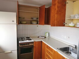 Studio Apartment | Cozinha privada | Um frigorífico/congelador grande, um forno, uma placa de cozinha 