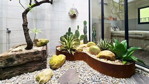 Um jardim interno moderno com diversas plantas, incluindo uma árvore bonsai, cactos e suculentas, dispostas em um cachepot de madeira rústica.