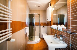 Apartamento júnior | Banheiro | Secador de cabelo, toalhas de banho, sabonete, shampoo