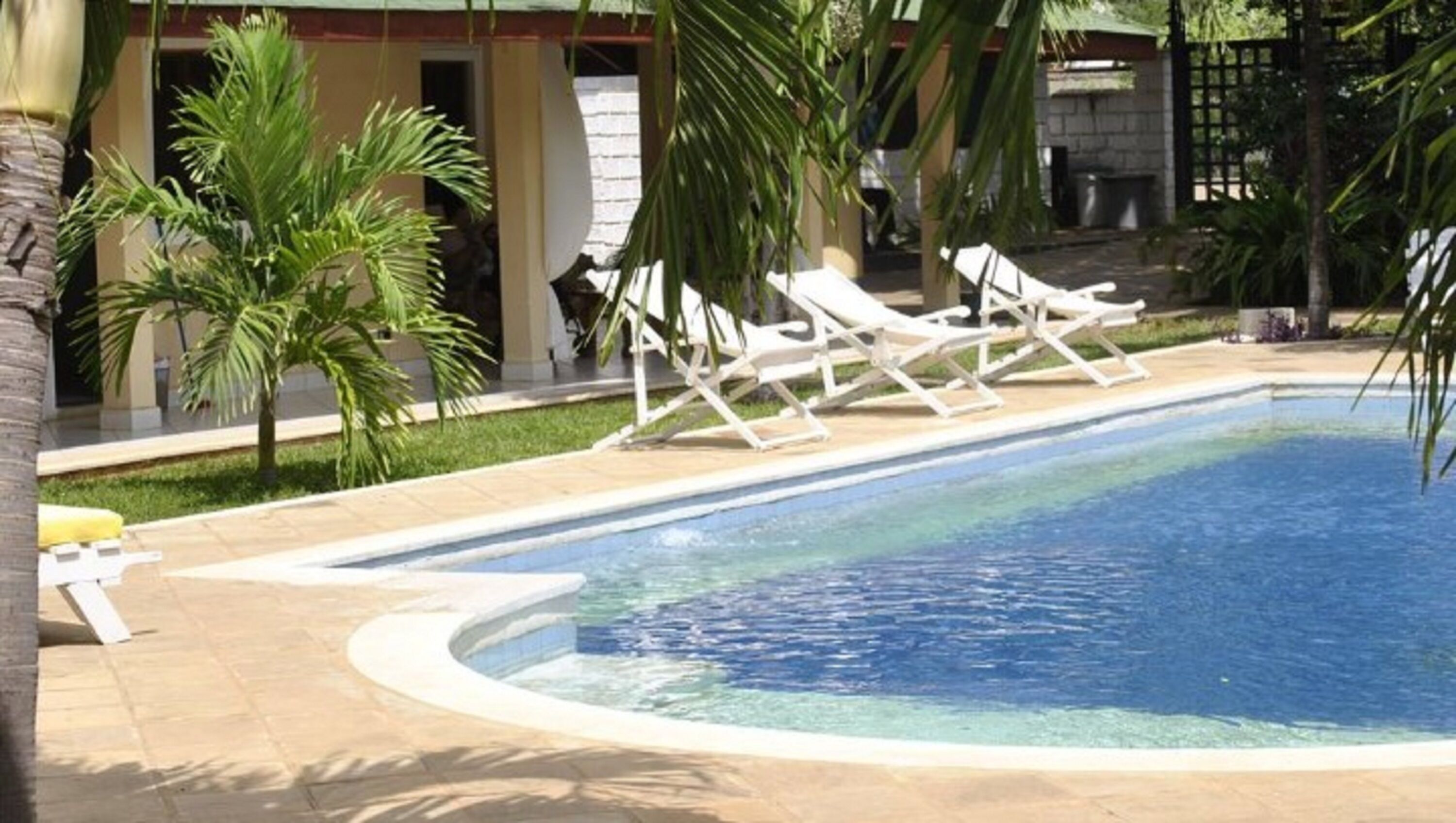 Piscina com espreguiçadeiras, palmeiras e um edifício ao fundo.
