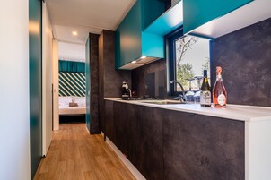 Casa Móvel Elite | Cozinha privada | Um frigorífico/congelador grande, um micro-ondas, uma placa de cozinha 