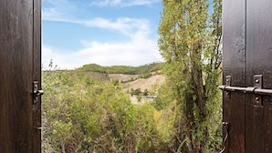 Uma porta de madeira aberta mostrando uma paisagem verdejante, com colinas e céu claro.