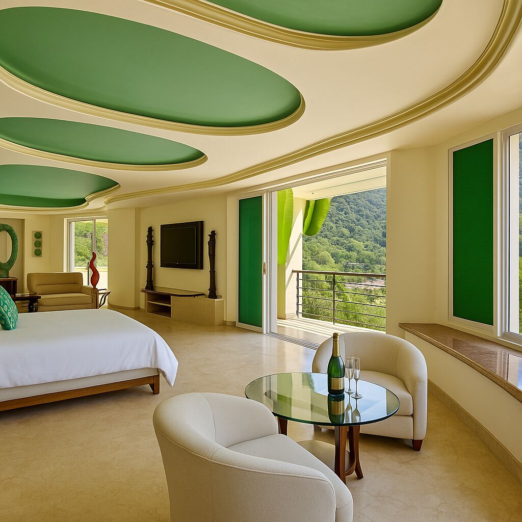 Quarto de hotel com cama, sofá, mesa de vidro com uma garrafa, TV e varanda com vista para o verde.