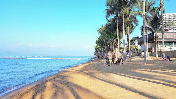 Uma praia com palmeiras, areal arenoso e um edifício com uma placa em língua estrangeira.