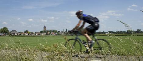 Um ciclista pedala em um caminho pavimentado, com paisagem rural ao fundo, incluindo casas e o campanário de uma igreja.