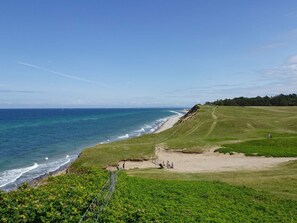 Paisagem costeira com área gramada, cerca e vista ampla do oceano.