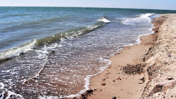 Uma praia com ondas, areal arenoso e alguns destroços espalhados.