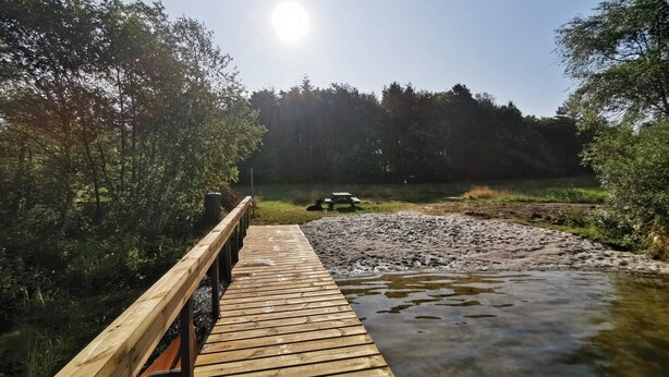 Uma passarela de madeira leva a uma mesa de piquenique à beira de um rio, cercada por árvores.