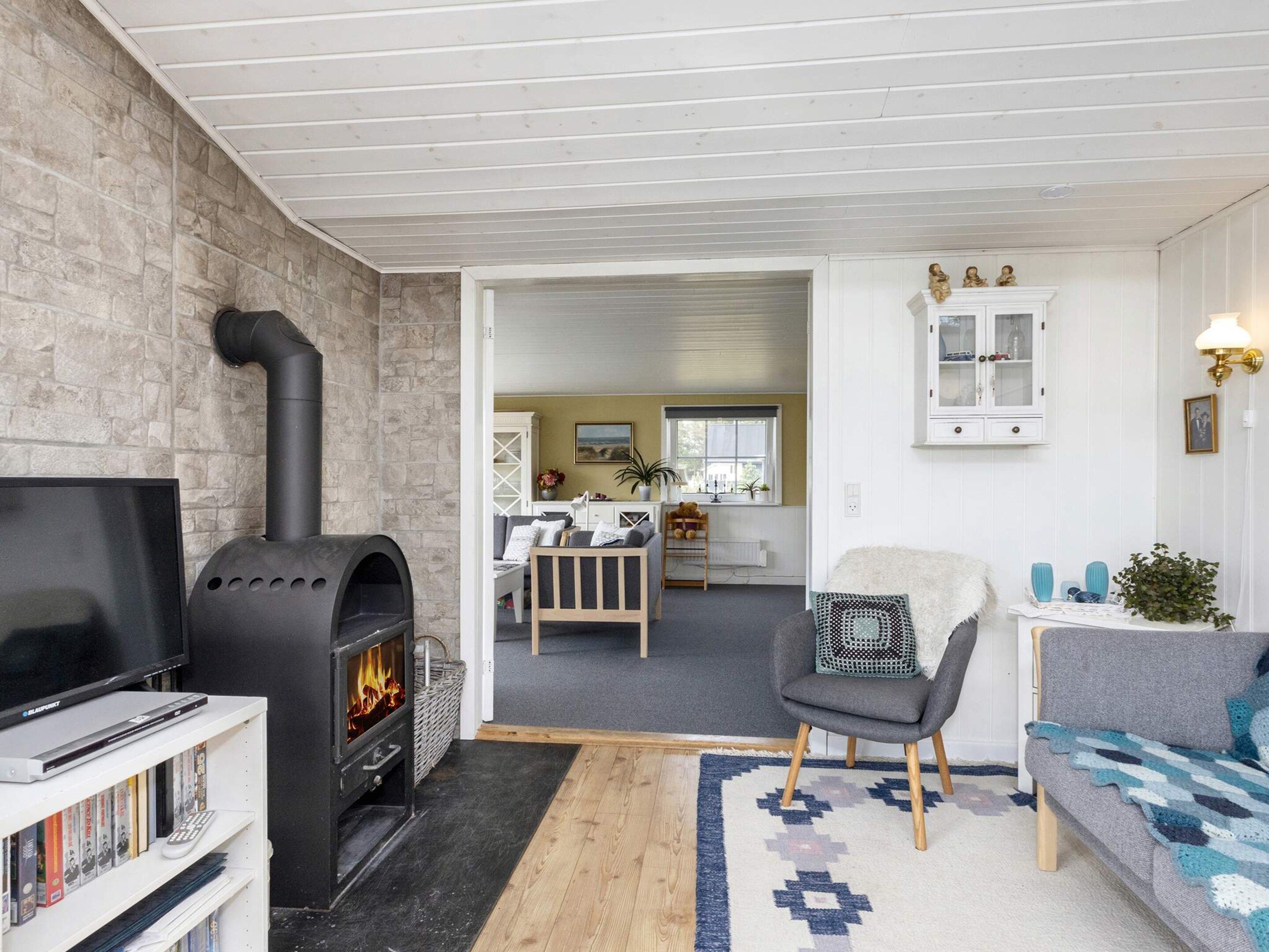 Uma sala de estar aconchegante com lareira, televisão e estante de livros.