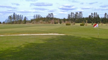 Um campo de golfe com uma zona de areia e uma bandeira que marca um buraco.