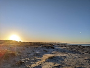 Uma praia com dunas de areia e céu claro.