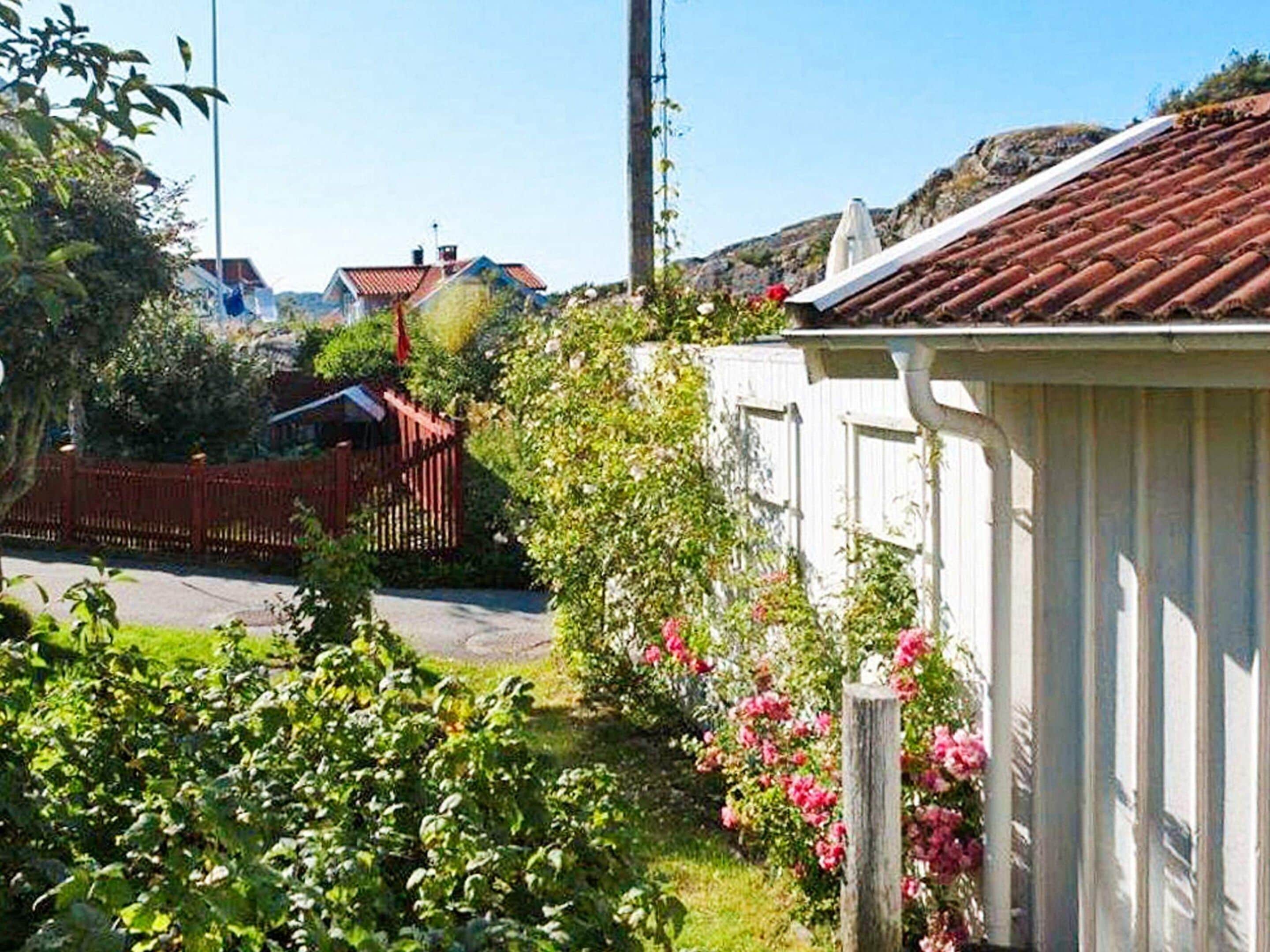 Um bairro residencial com uma casa branca, cerca vermelha e um jardim com flores cor-de-rosa.