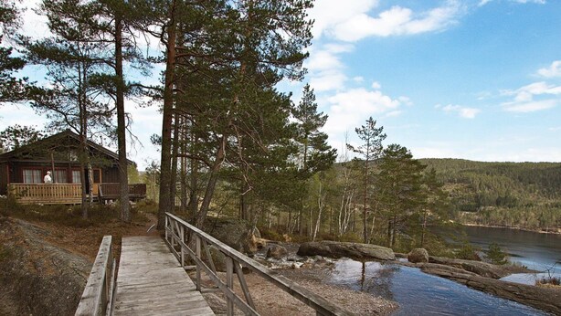 Um deck de madeira leva a uma cabana à beira de um lago, cercada por árvores.